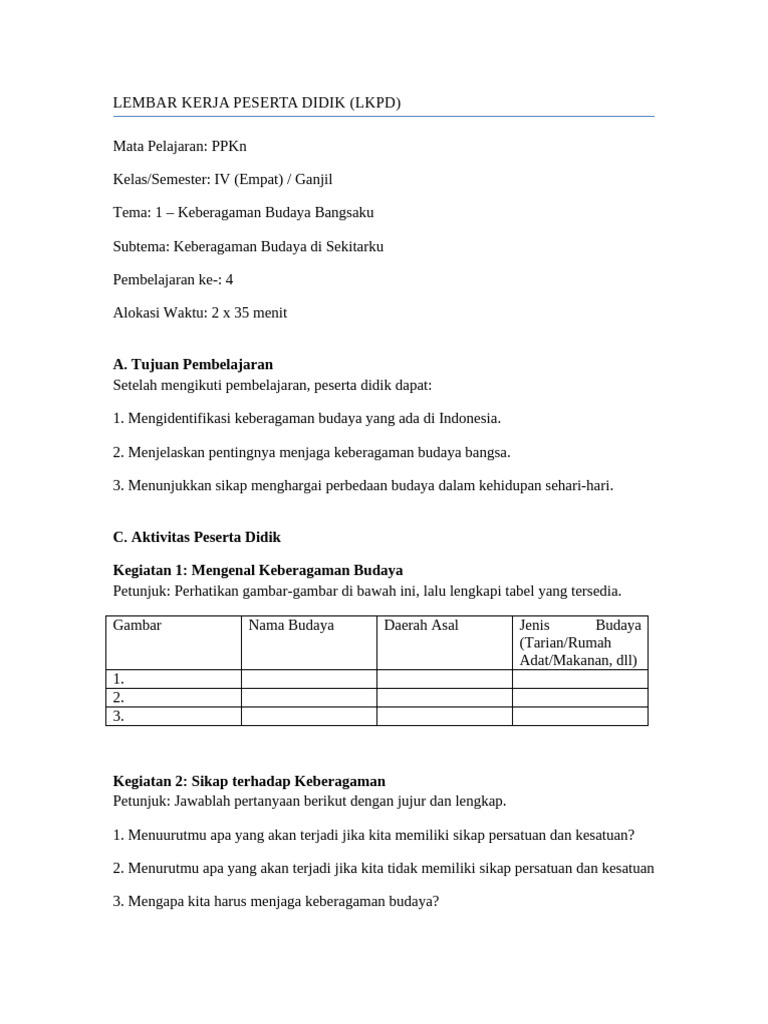 LKPD PPKN Kelas4 Tema1 Keberagaman | PDF