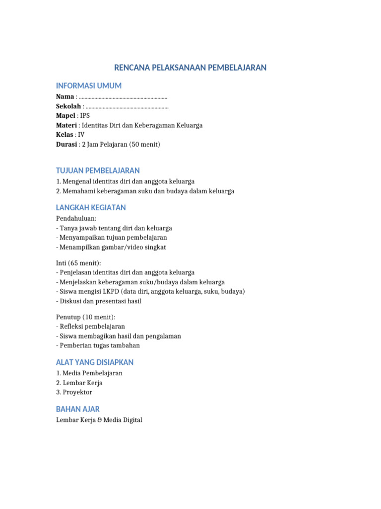 RPP 1 Halaman Identitas Dan Keberagaman | PDF