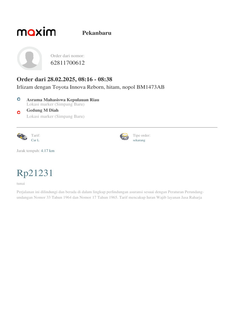 Bukti Perjalanan Dengan Maxim Indonesia Dari 28-02-2025, 08 16 PDF | PDF