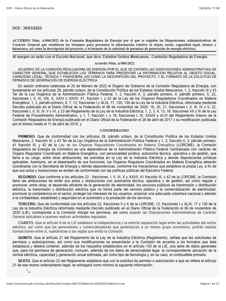 Acuerdo A:006:2022 Formato | PDF | Ingenieria Eléctrica | México