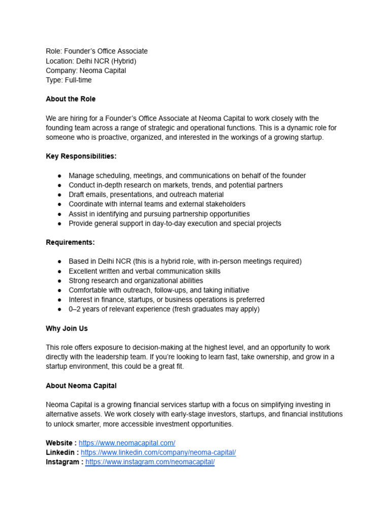 Role - Founder's Office Associate - Neoma Capital | PDF