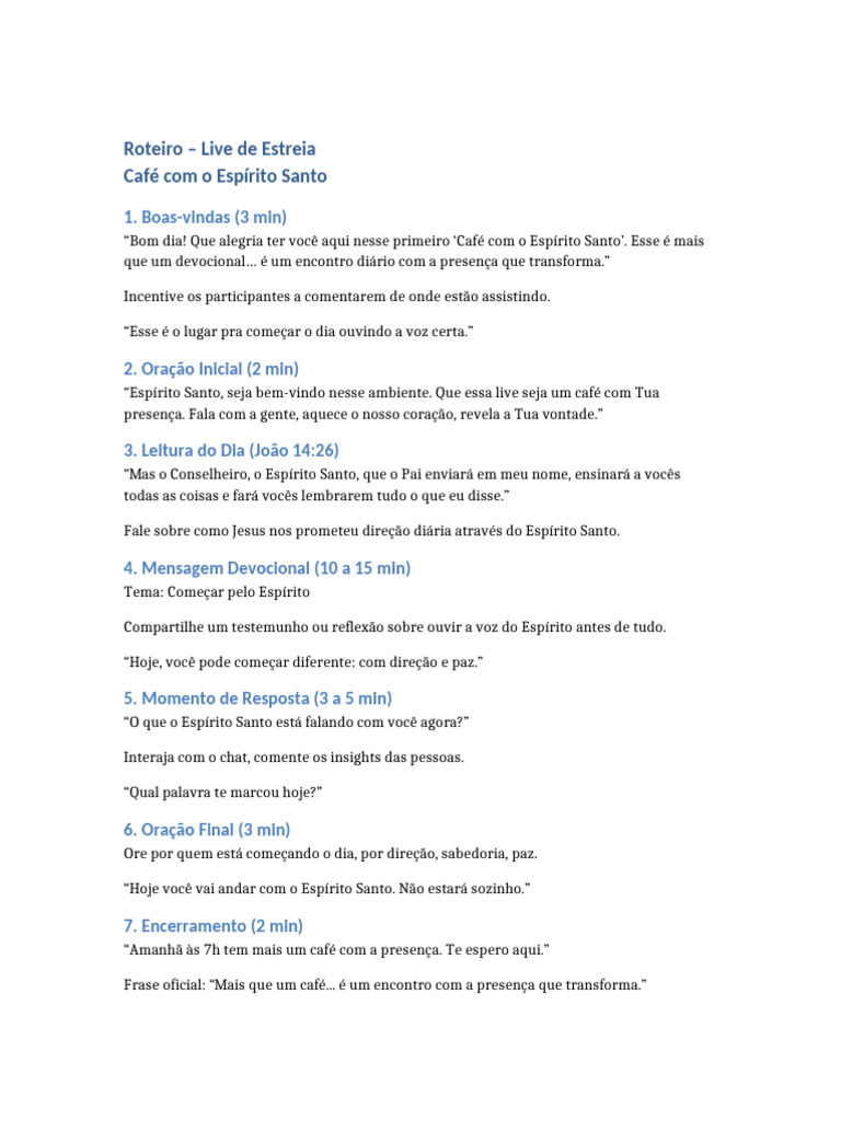 Roteiro Live Estreia Cafe Com o Espirito Santo | PDF