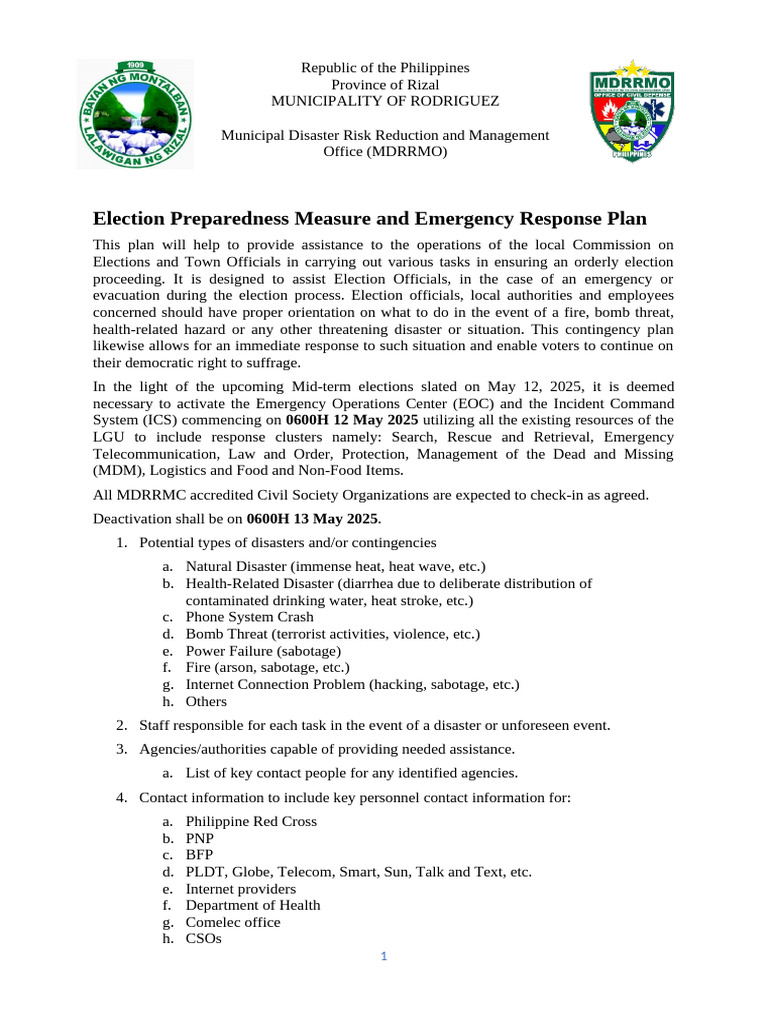 Election Emergency Response Plan 2025 | PDF | Emergency Management ...