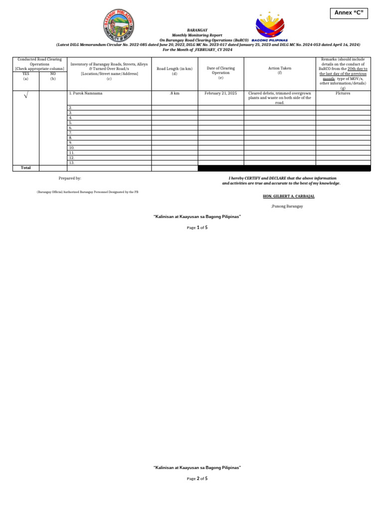 Annex C - Barangay BaRCO Monthly Monitoring Report Template With PB's Certification | PDF