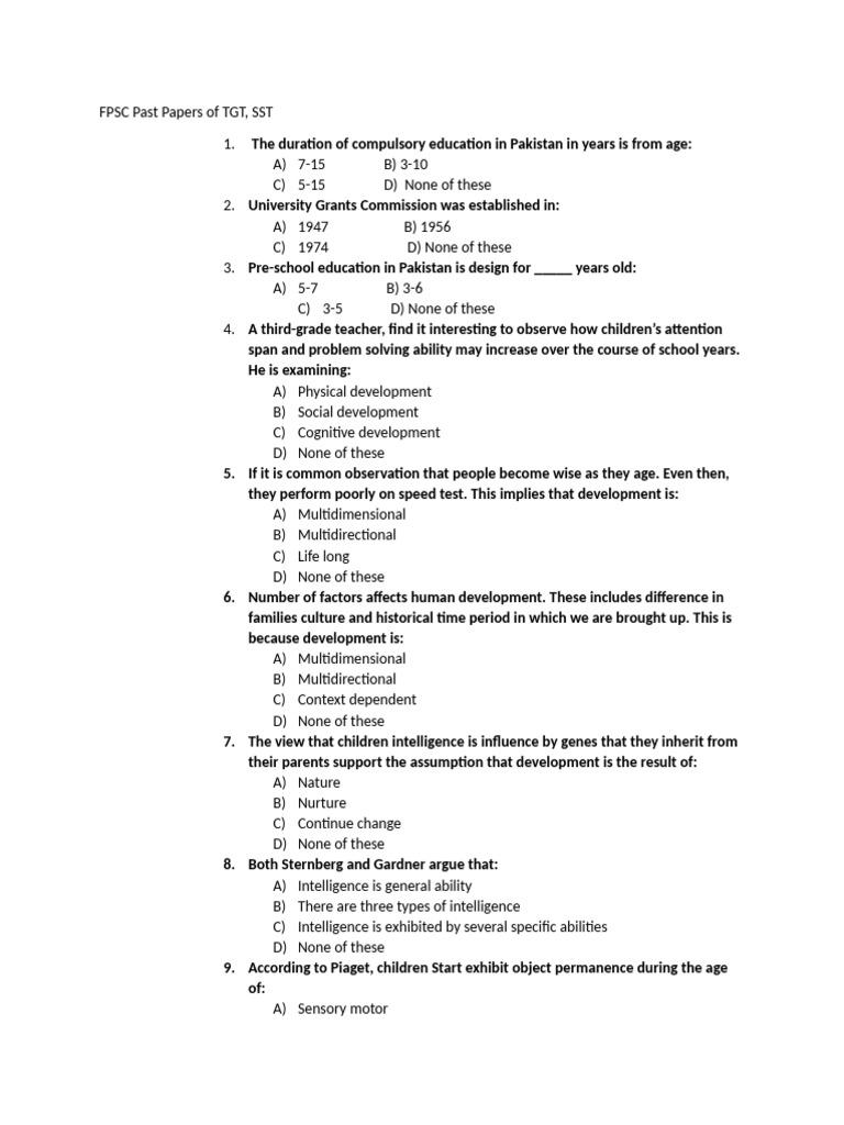 FPSC Past Papers of Education | PDF | Intelligence | Cognitive Science