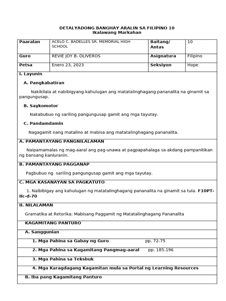 Tayutay Detalyadong Banghay Aralin Sa Filipino 10 | PDF