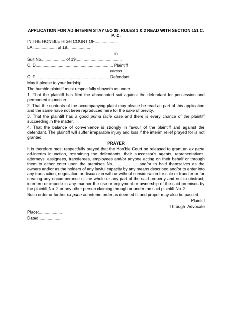 APPLICATION FOR AD-INTERIM STAY O 39, RULES 1 _ 2 READ WITH SECTION 151 ...