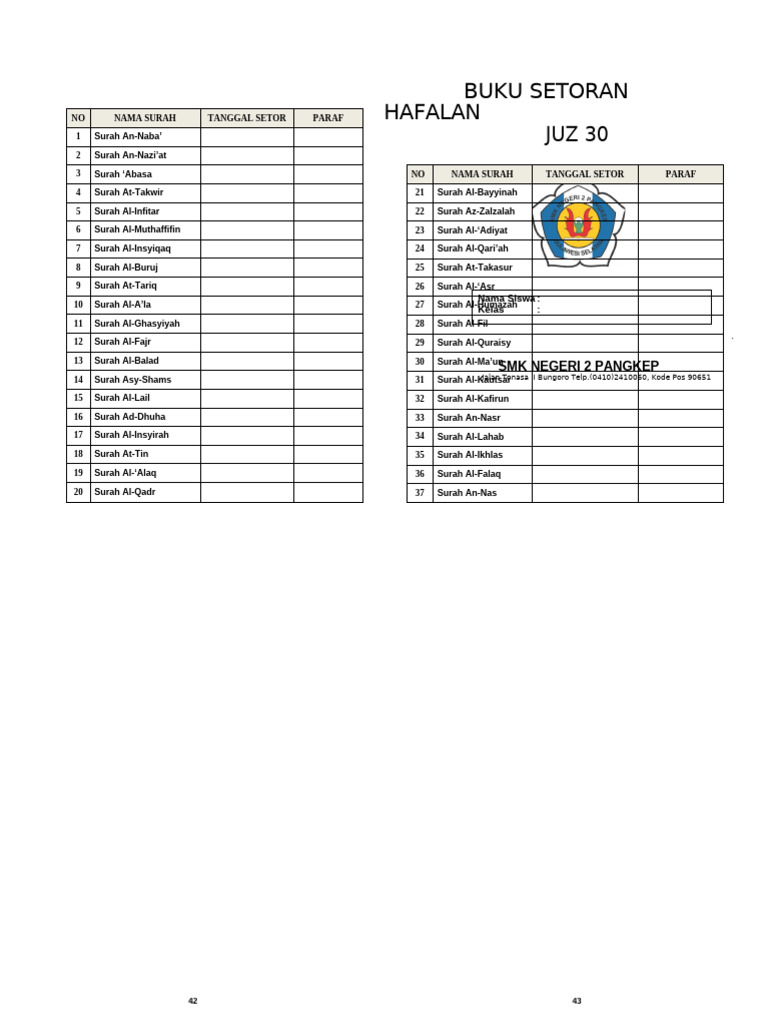 Buku Setoran Hafalan Quran SKA - Full - Booklet | PDF