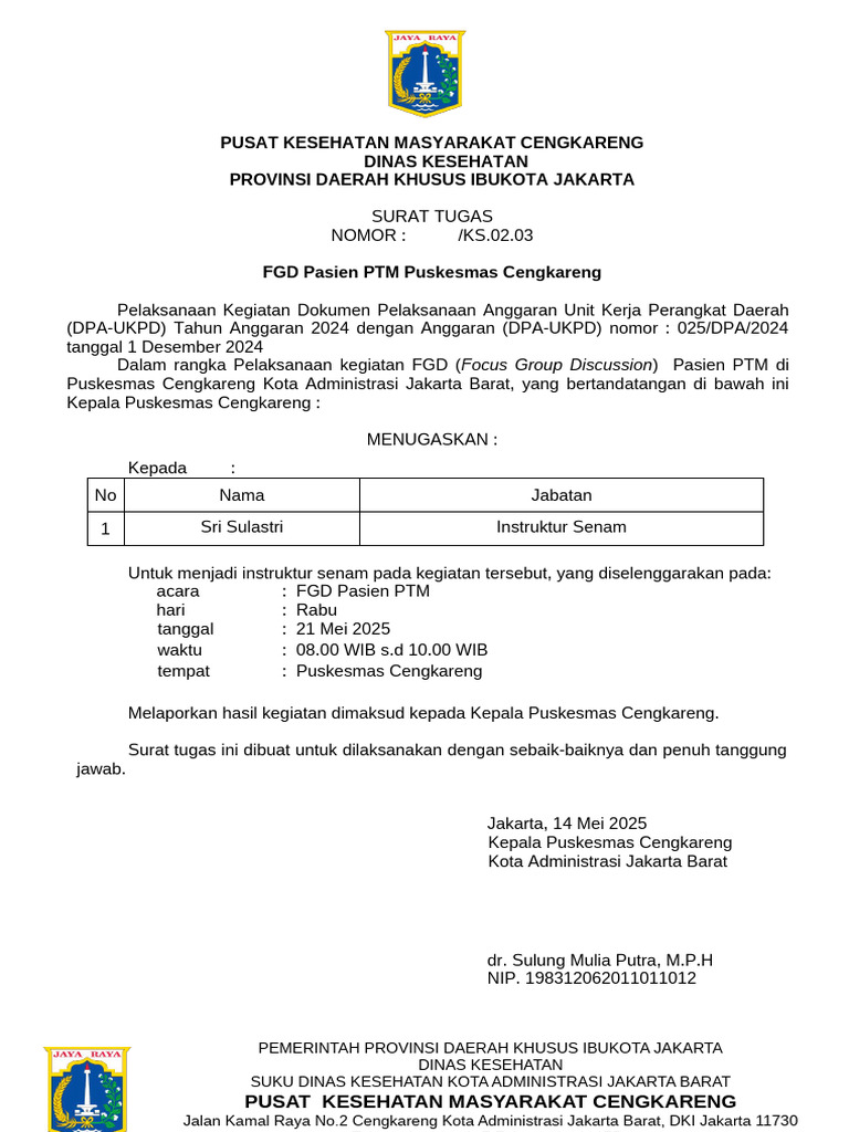 Surat Tugas Instruktur Senam FGD PTM | PDF