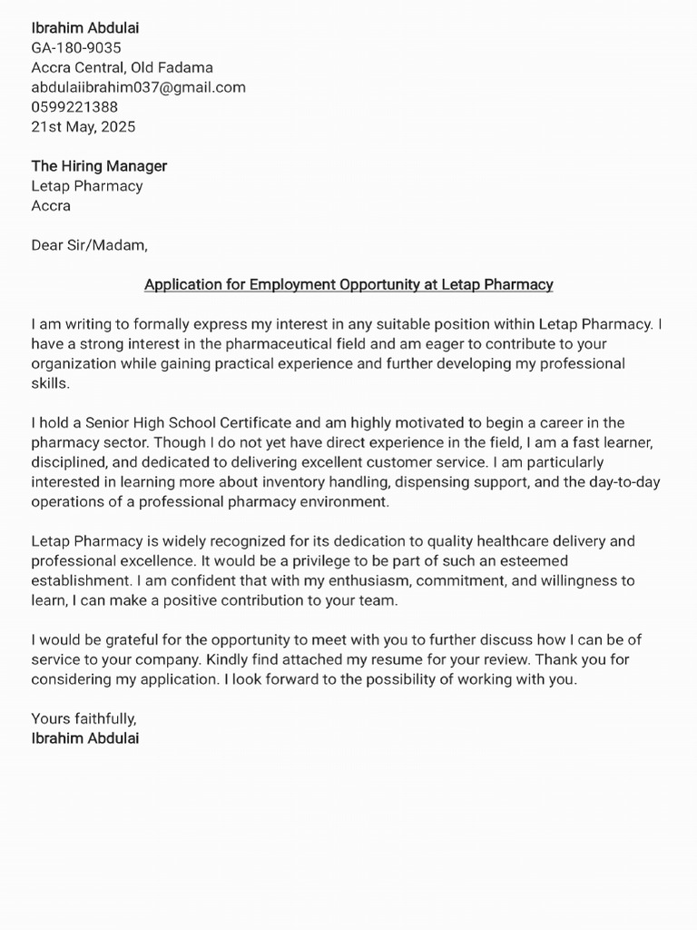 Application Letter For A Pharmacy Company Work - 250521 - 144418 | PDF
