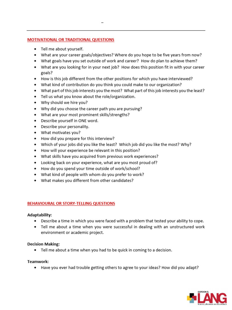 Sample Interview Questions | PDF | Leadership | Cognitive Science
