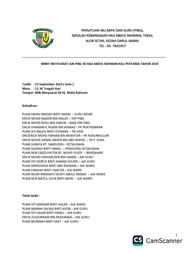 Persatuan Ibu Bapa Dan Guru (Pibg), Sekolah Kebangsaan Haji Abdul Rahman, Tokai, Alor Setar ...