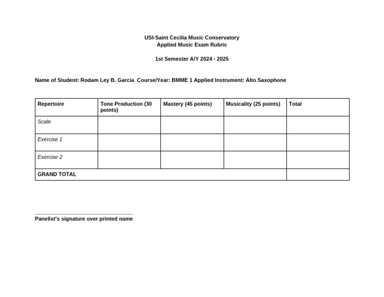 Applied Music Exam Rubric (General) | PDF