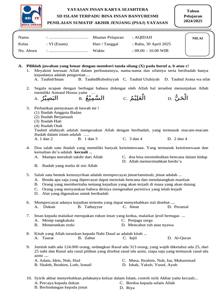 Psaj Aqidah Kelas 6 2025 | PDF