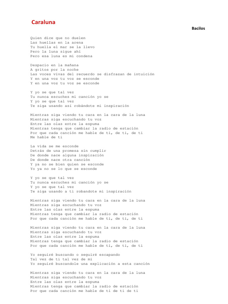 Letra de Caraluna de Bacilos | PDF