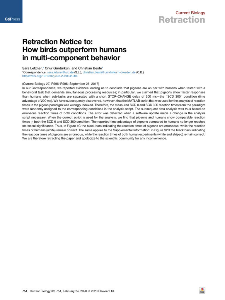 Retraction Notice To How Birds Outperform Humans | PDF