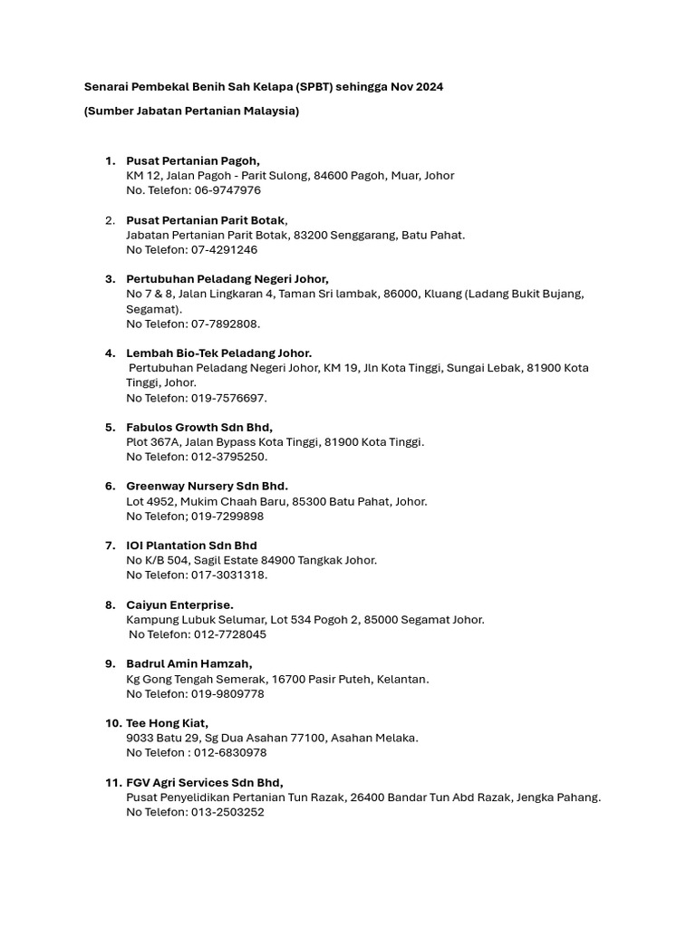 Senarai Pembekal Benih Sah Kelapa Sehingga Nov 2024 | PDF