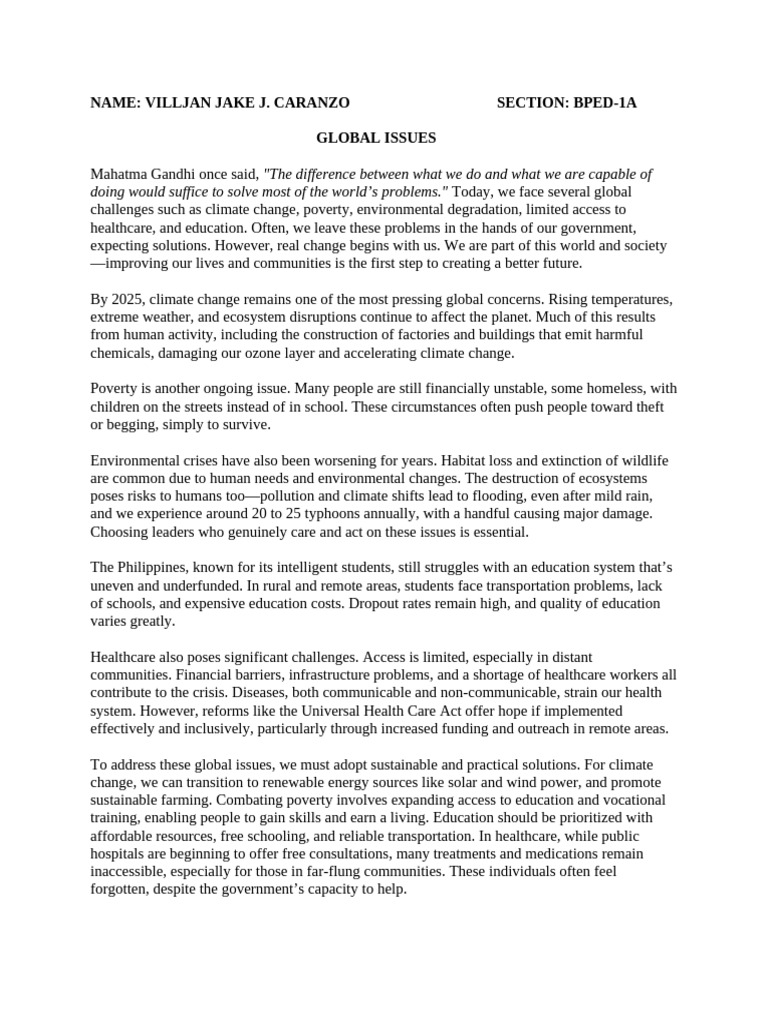 Caranzo Villjan Jake Assignment 3 Prof Ed 3 | PDF | Climate Change | Health Care