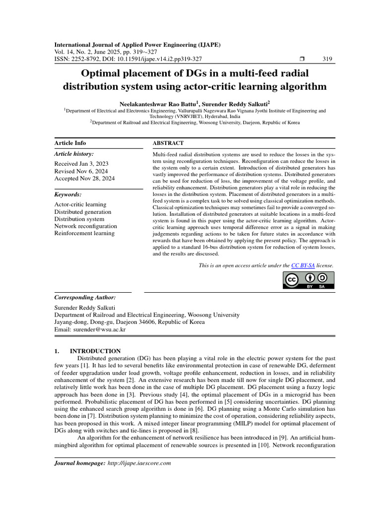 Optimal Placement of DGs in A Multi-Feed Radial Distribution System Using Actor-Critic Learning ...