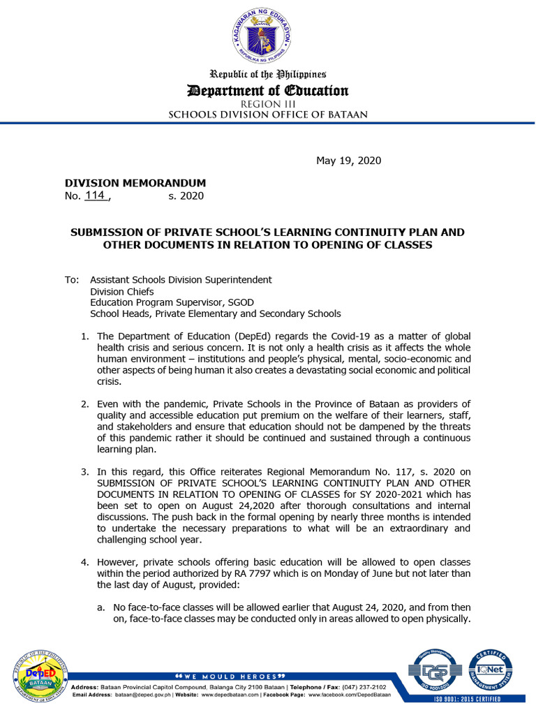 Division Memorandum No. 114 S. 2020 SIGNED | PDF | Schools | Teachers