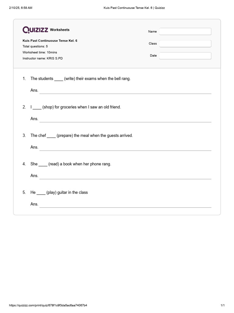 Kuis Past Continuouse Tense Kel. 6 - Quizizz | PDF
