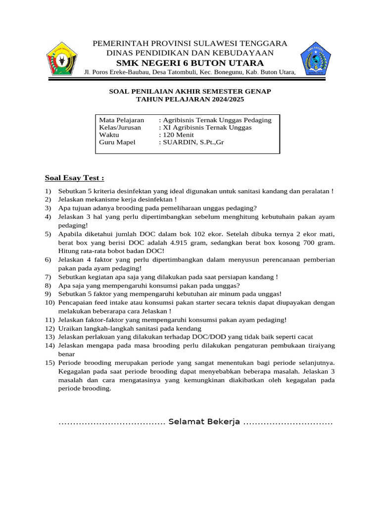 soal ulangan ATR Pedaging | PDF