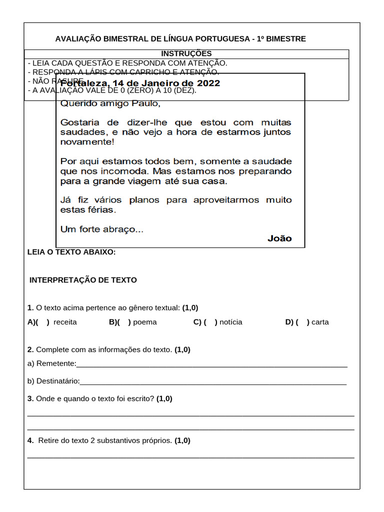 AVAL BIM LP 1º BIM 4º A ALTERADA | PDF