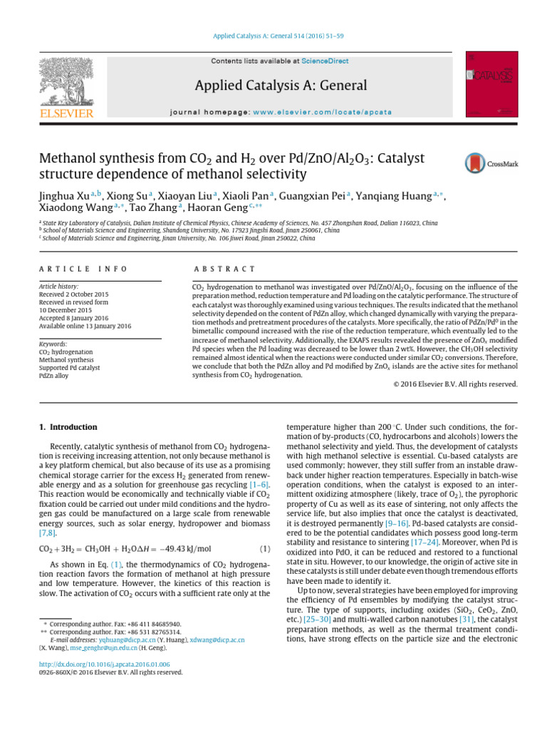 Methanol synthesis from CO2 and H2 over Pd:ZnO:Al2O3- Catalyst structure dependence of methanol ...