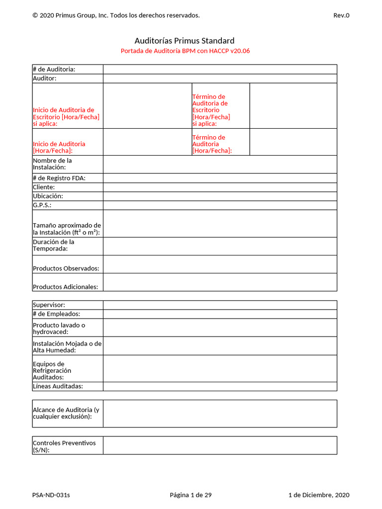 Primus Standard Audits Checklist GMP With Haccp | PDF | Seguridad ...