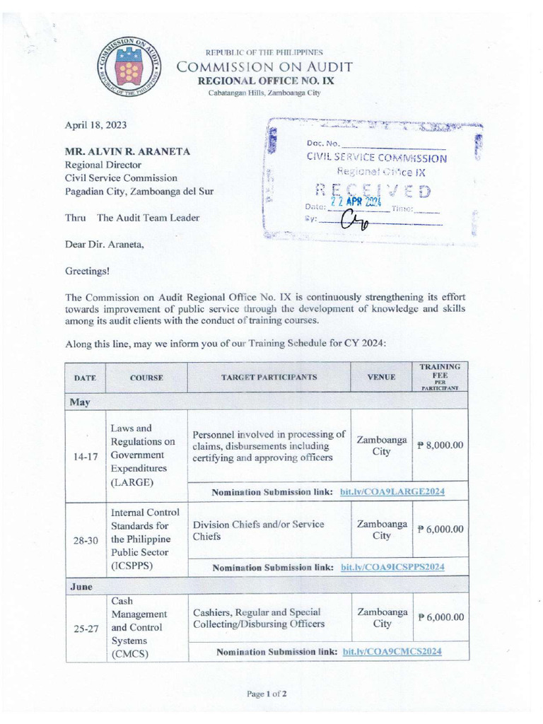 2024 COA IX Training Schedule | PDF