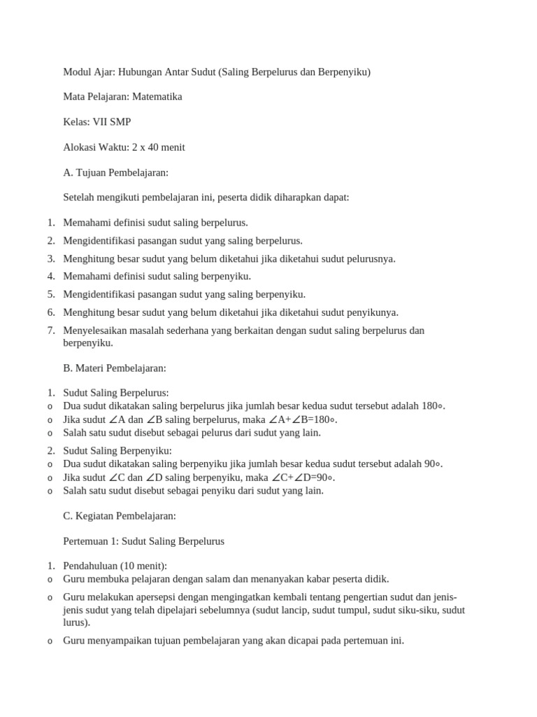 Modul Ajar Hubungan antar sudut | PDF