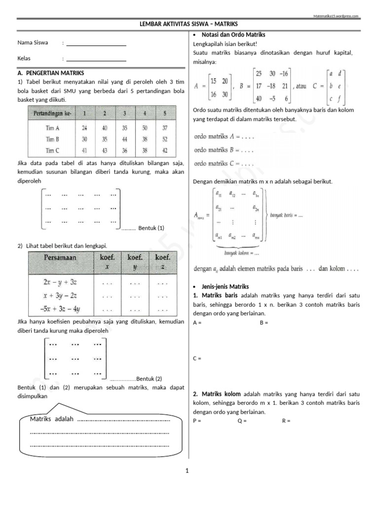 Lembar Aktivitas Siswa Matriks | PDF