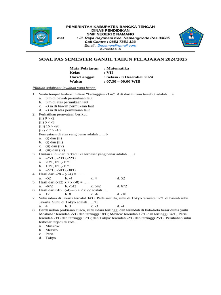 Soal PAS MTK Kelas 7 | PDF