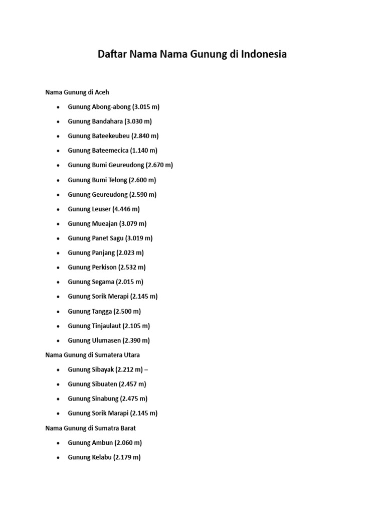 Daftar Gunung di Indonesia Lengkap | PDF