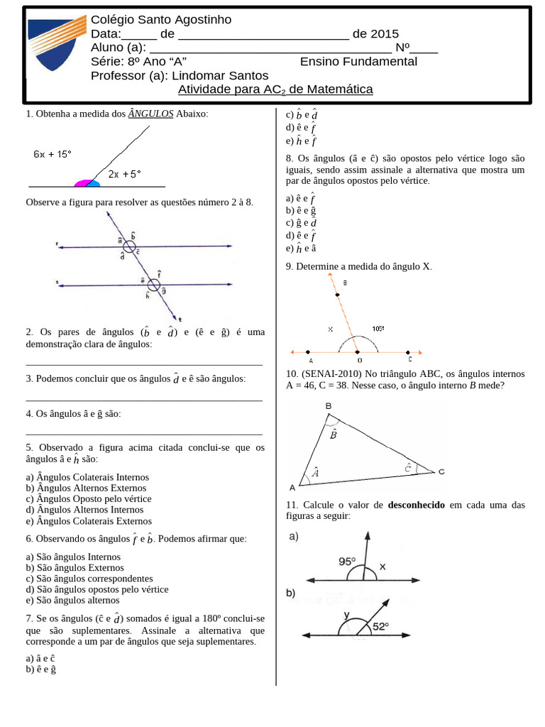 Atividade 8° Ano (Angulos Entre Retas) | PDF | Ângulo | Triângulo