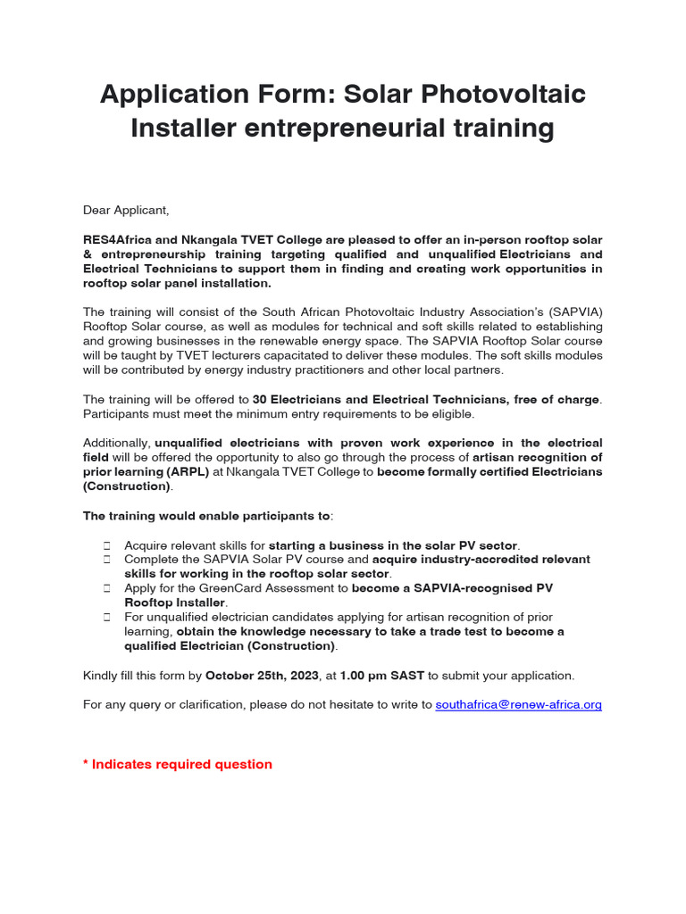 Application Form Solar Photovoltaic Installer Entrepreneurial Training ...