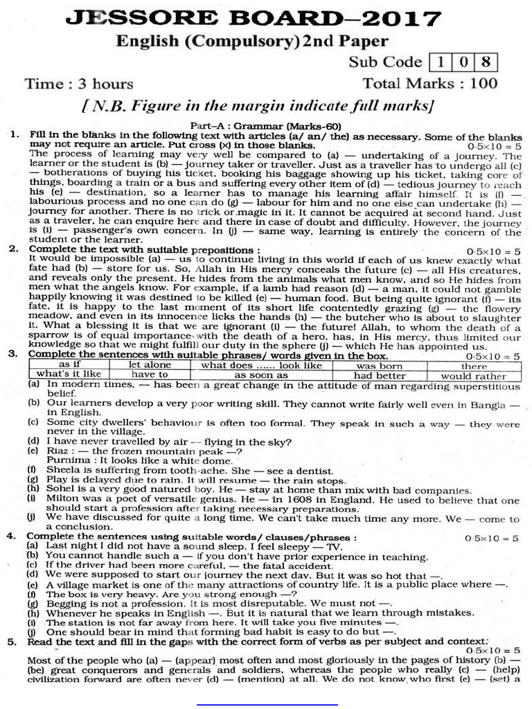 English 2nd Paper Question 2017 Jessore Board | PDF