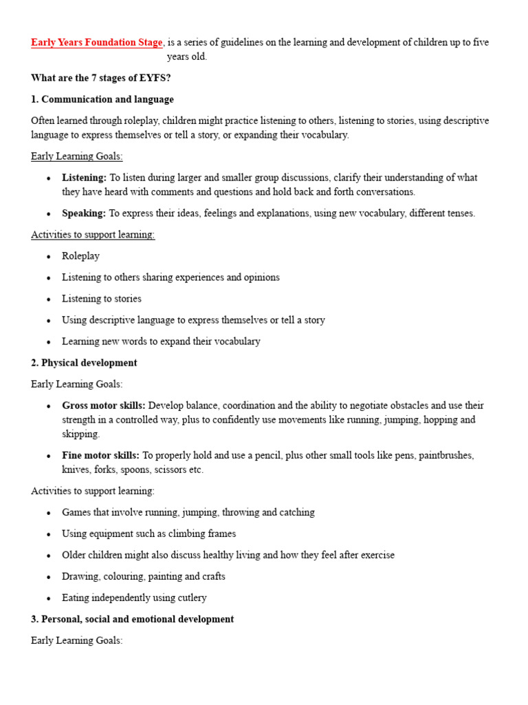 EYFS Development Stages Overview | PDF | Learning | Preschool