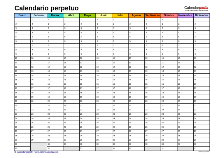 Calendario Perpetuo Horizontal en Color | PDF