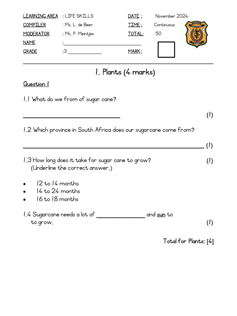 Grade 3 Life Skills November 2024 | PDF | Brick | Sugarcane