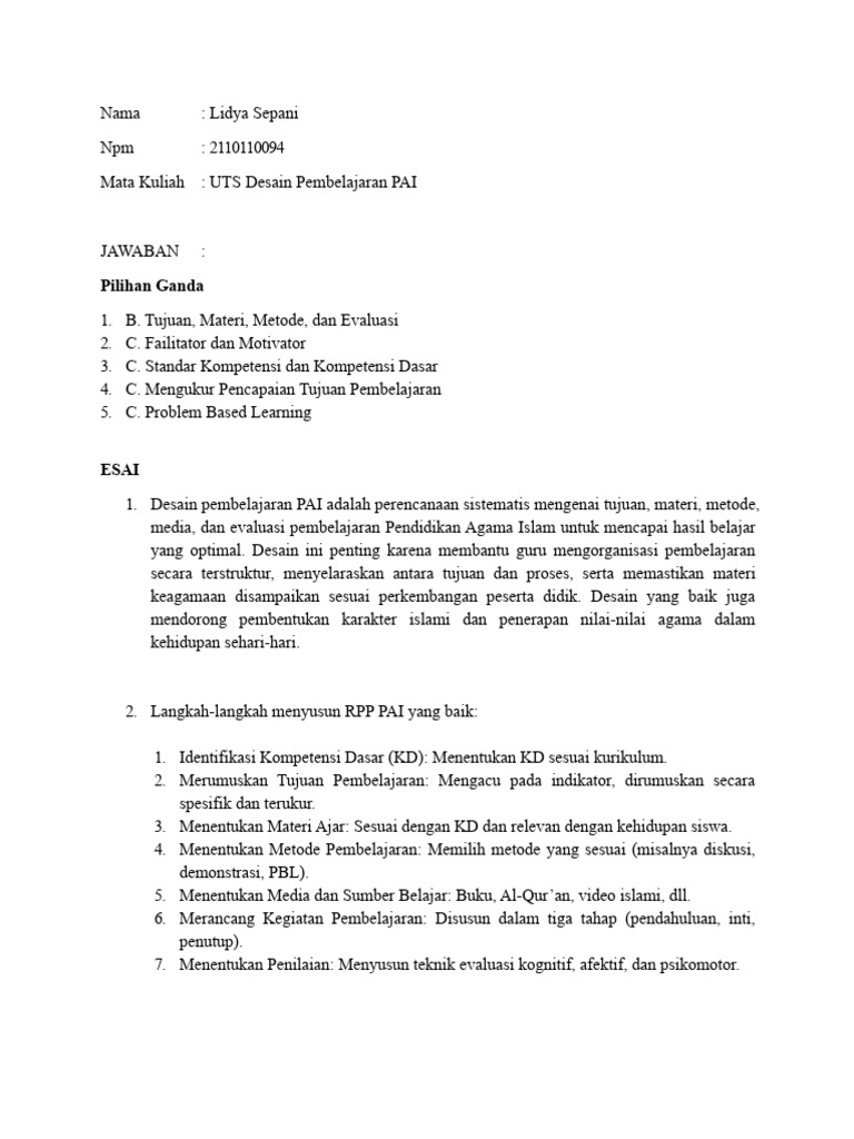 Uts Desain Pembelajaran Pai | PDF