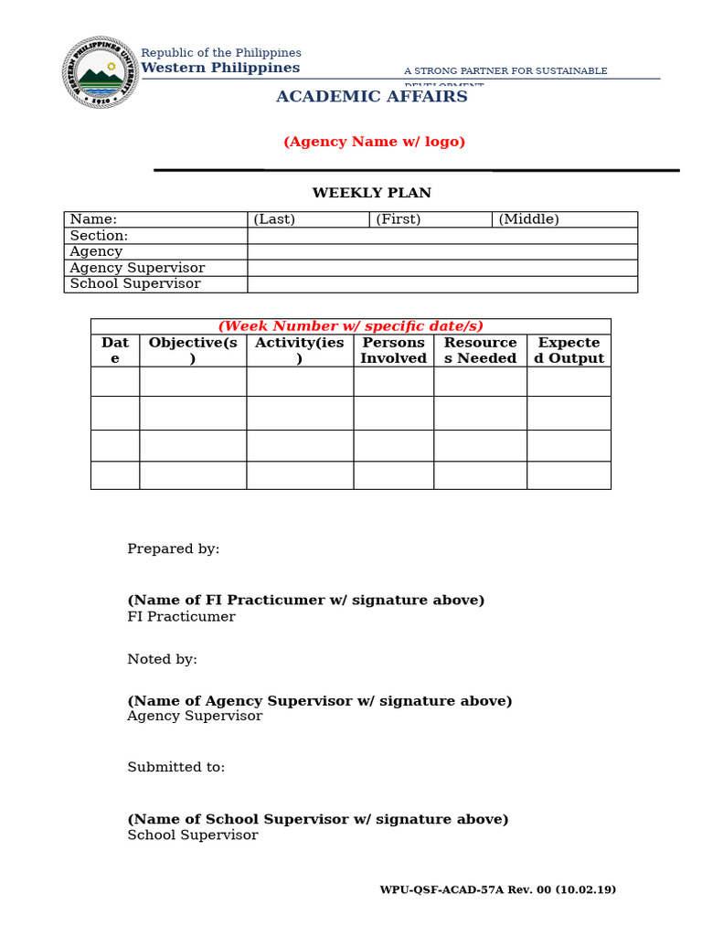 SW 199A Official Template Weekly Plan | PDF