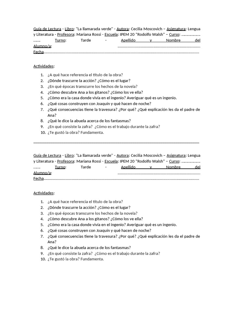 Guia de Lectura de La Llamarada Verde | PDF