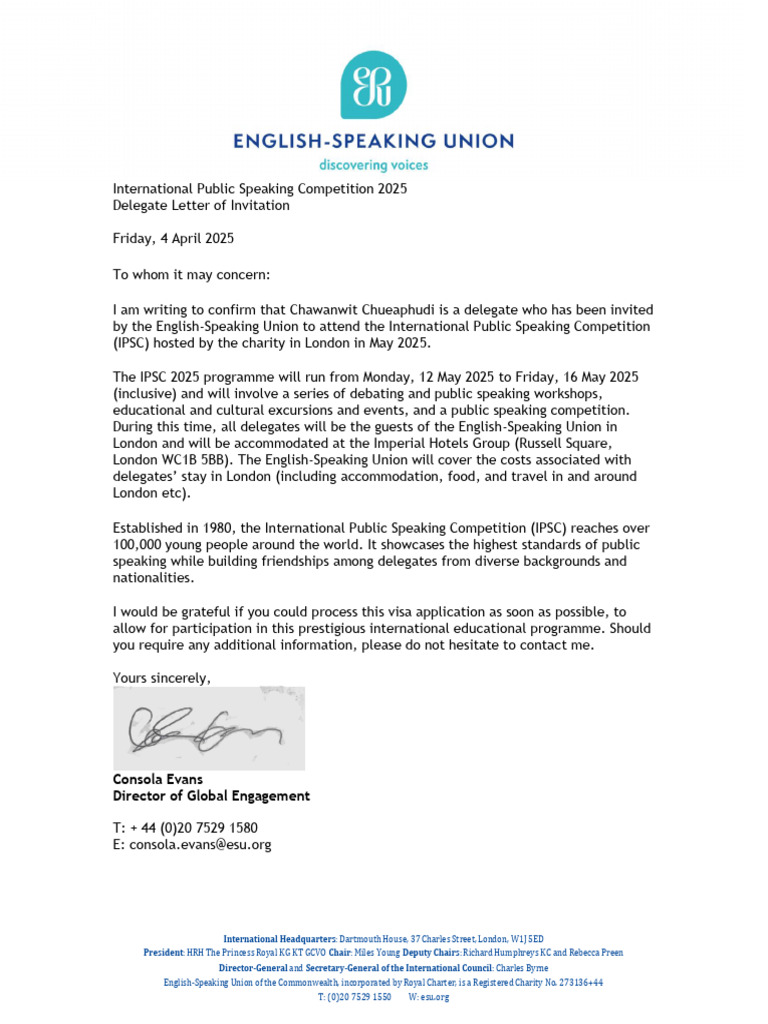 IPSC 2025 Delegate Visa Letter - Chawanwit Chueaphudi | PDF