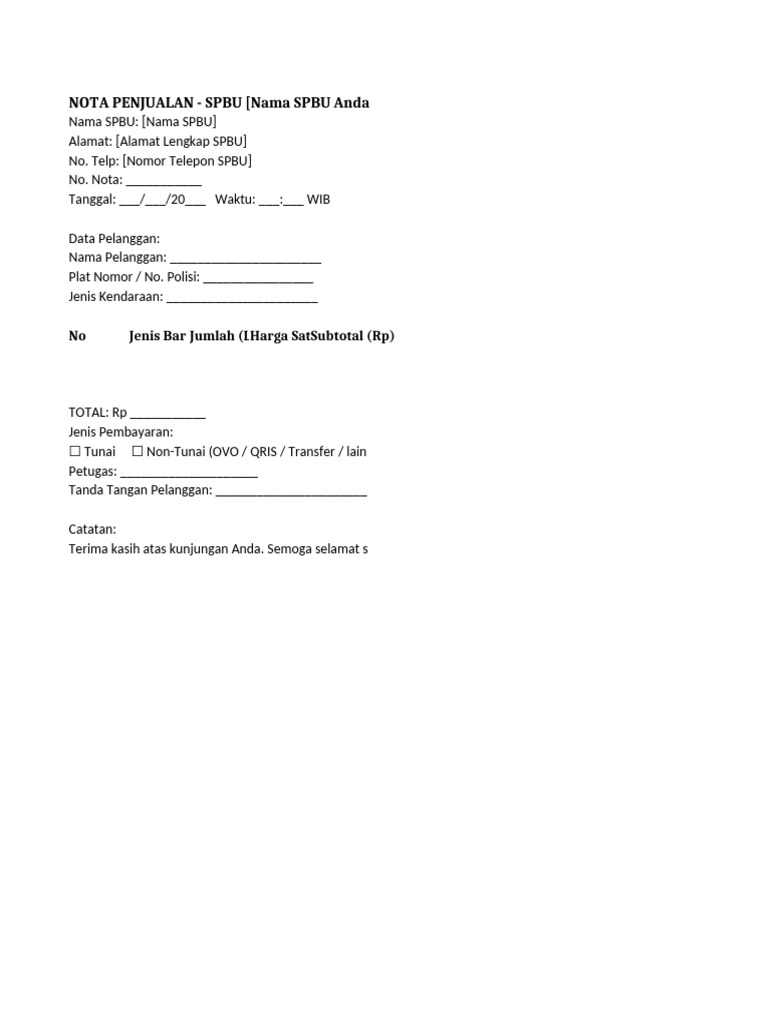 Template Nota SPBU | PDF