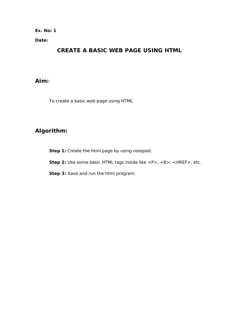 Create A Basic Web Page Using HTML: Ex. No: 1 Date | PDF | Java Script ...