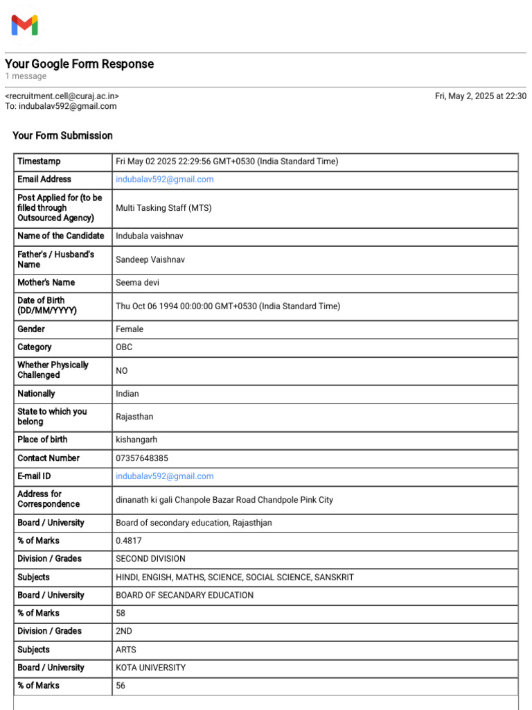 Gmail - Your Google Form Response | PDF