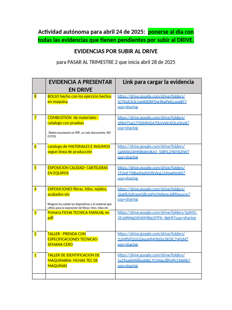 Actividad Autónoma para Abril 24 de 2025 - Evidencias Con Sus Link para DRIVE | PDF | Textiles ...