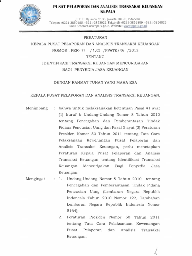 2013 - Per Ppatk - 11 - Identifikasi TKM PJK | PDF