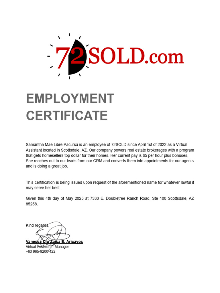 Employment Certificate Sam | PDF